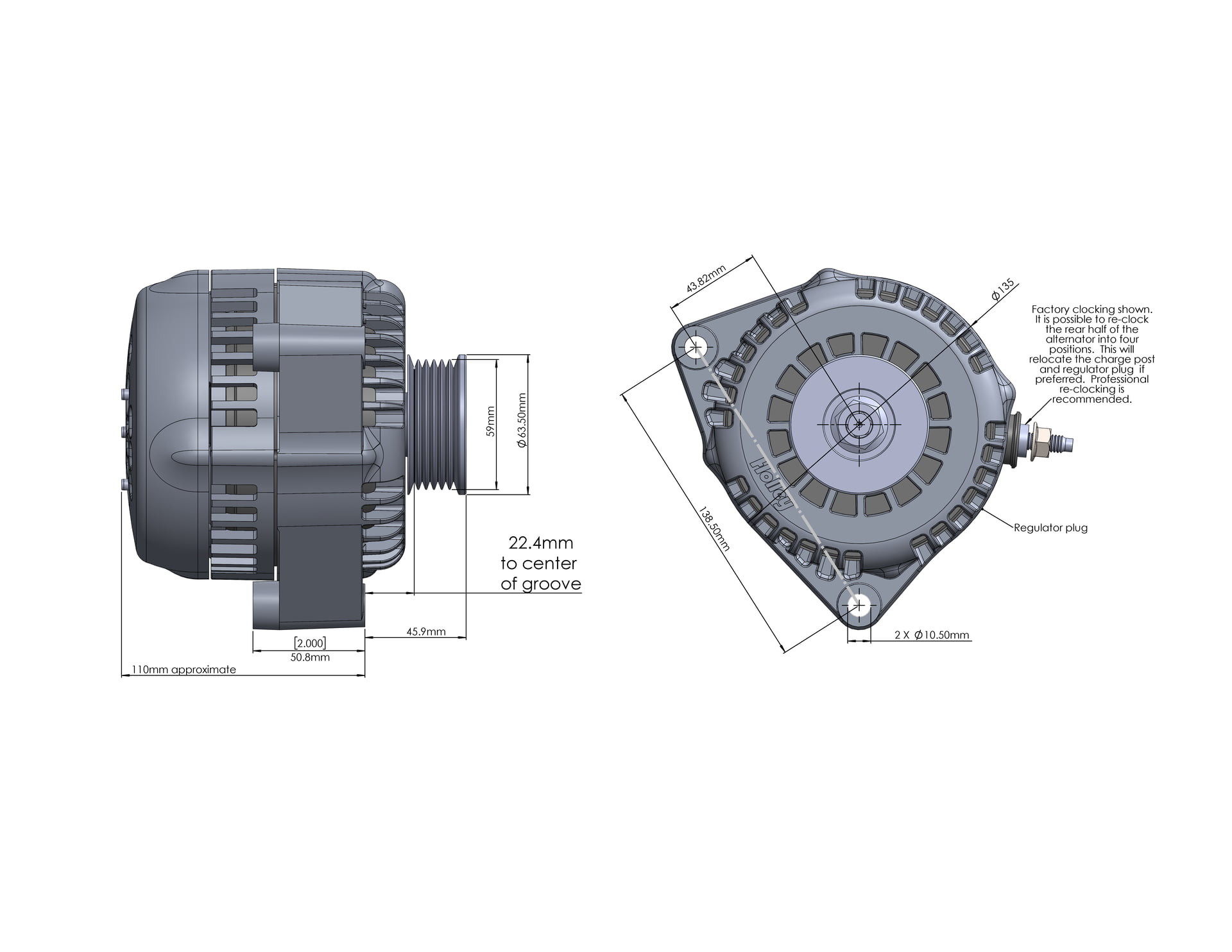 Alternator, Serpentine, 12 Volt, 150 amps, Black Anodized, Internal ...
