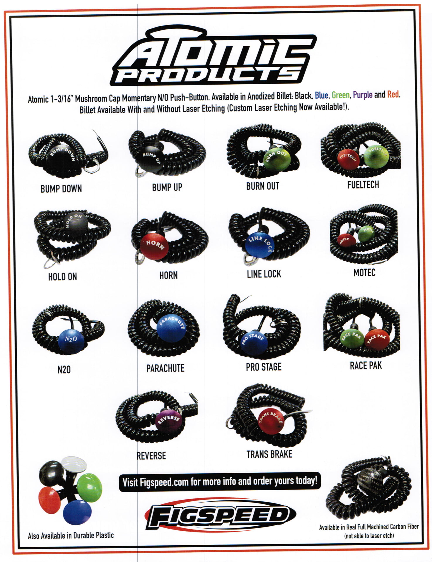 Atomic Billet, "Motec" Laser Etched Mushroom Button, GREEN, Large 1.18 ...