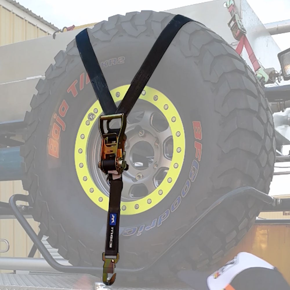 Spare Tire Y-Strap Tie Down, 3-Point Twisted Snap Hooks, Center Ratchet ...